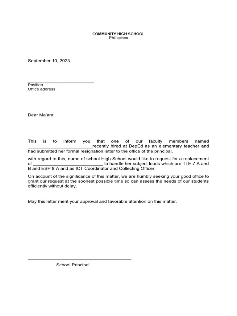 Letter Requesting Replacement Teacher Pdf
