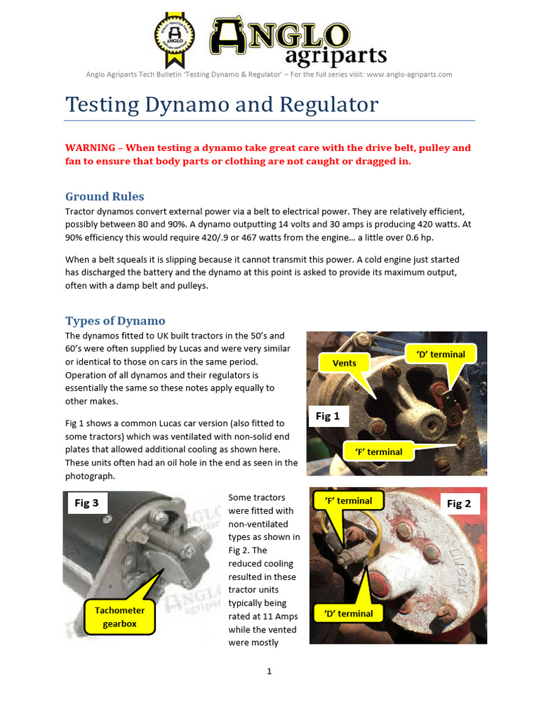 Tractor Dynamo & Regulator Testing Guide | PDF | Voltage | Belt ...