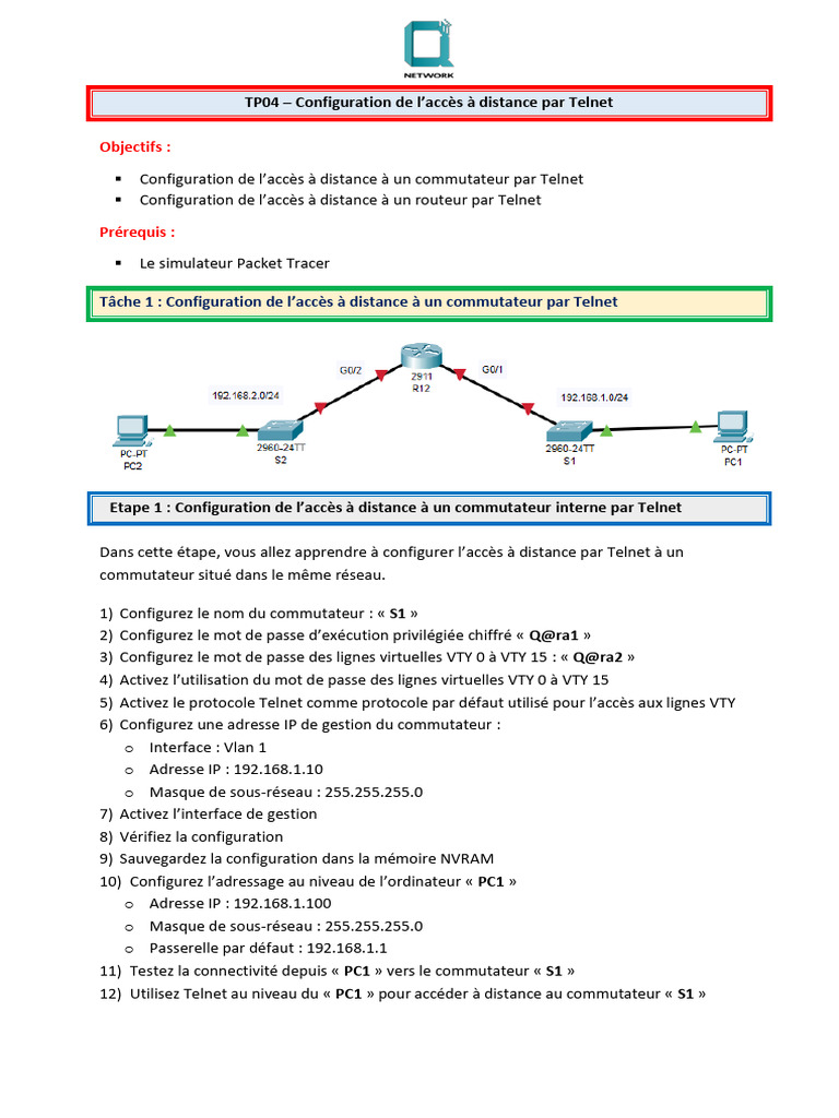 TP04 – Configuration de l’accès à distance par Telnet | PDF