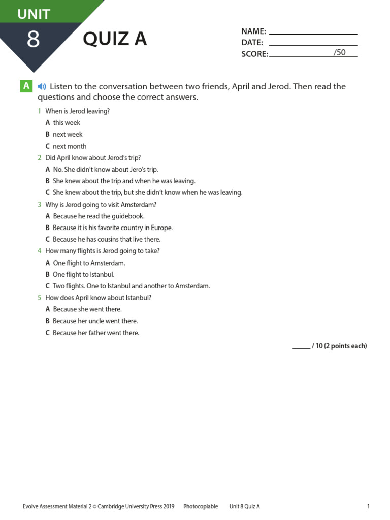 Evolve - L2 - Unit 8 Quiz - A | PDF Evolve - L2 - Unit 8 Quiz - A | PDF