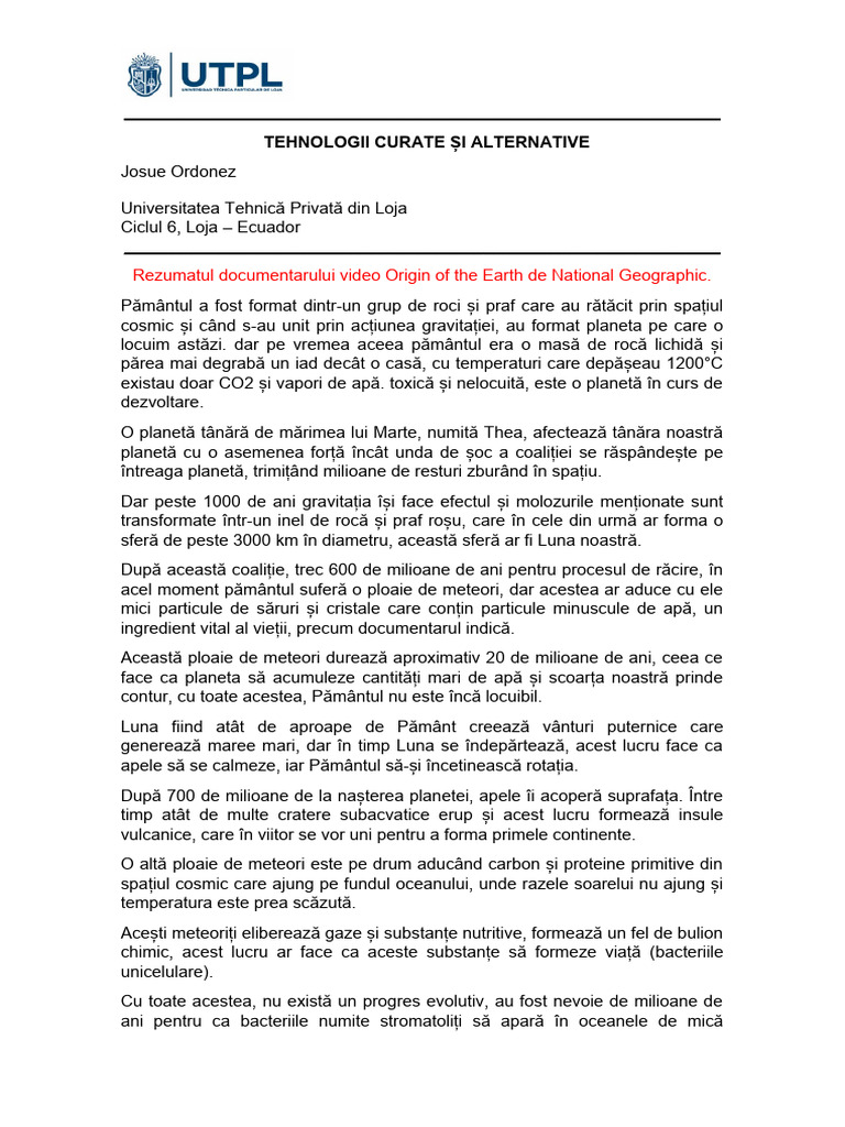 Rezumatul Filmului Documentar National Geographic Origin of The Earth. | PDF
