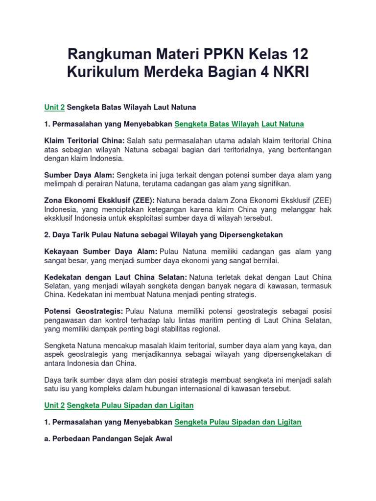 Rangkuman Materi PPKN Kelas 12 Kurikulum Merdeka Bagian NKRI | PDF