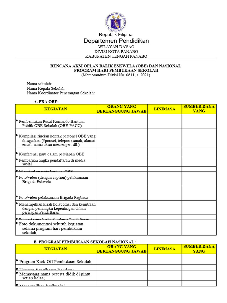 Contoh Rencana Aksi Untuk Oplan Balik Eskwela 2021 | PDF
