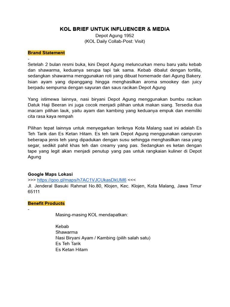 KOL BRIEF Depot Agung (Kebab) | PDF