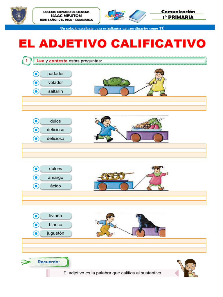 El Adjetivo Para Primer Grado de Primaria | PDF | Adjetivo | Morfología ...