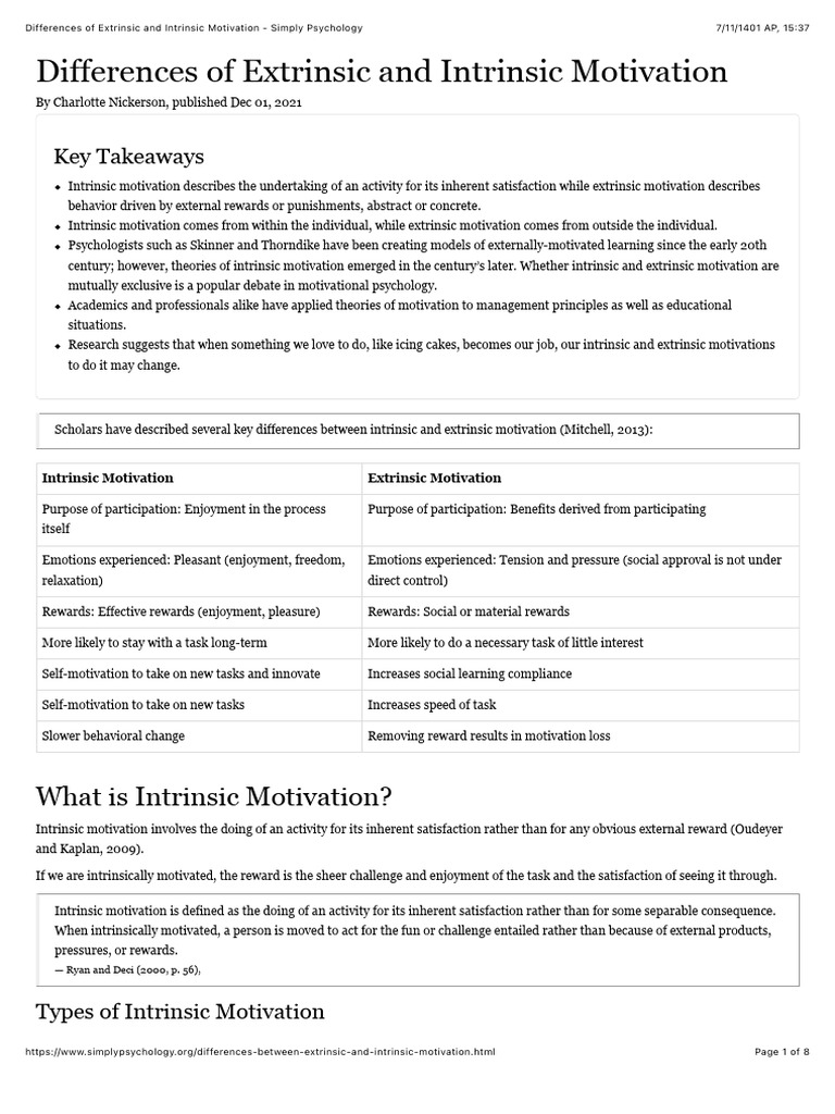 Differences of Extrinsic and Intrinsic Motivation - Simply Psychology | PDF