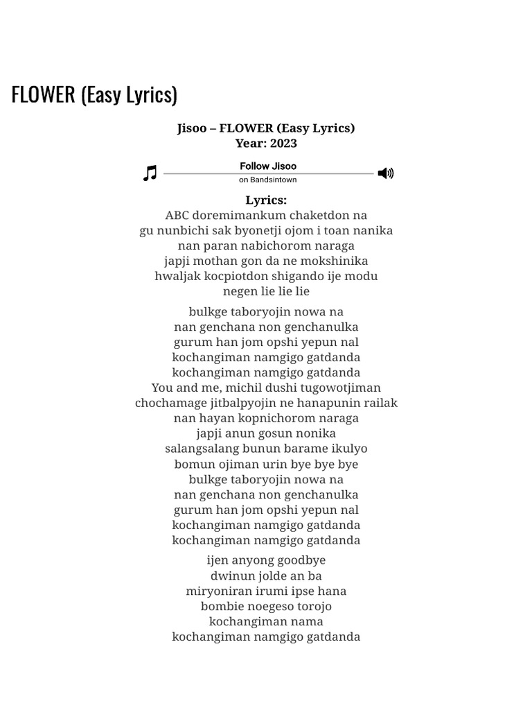 Flower Easy Lyrics Jisoo Blackpink | PDF