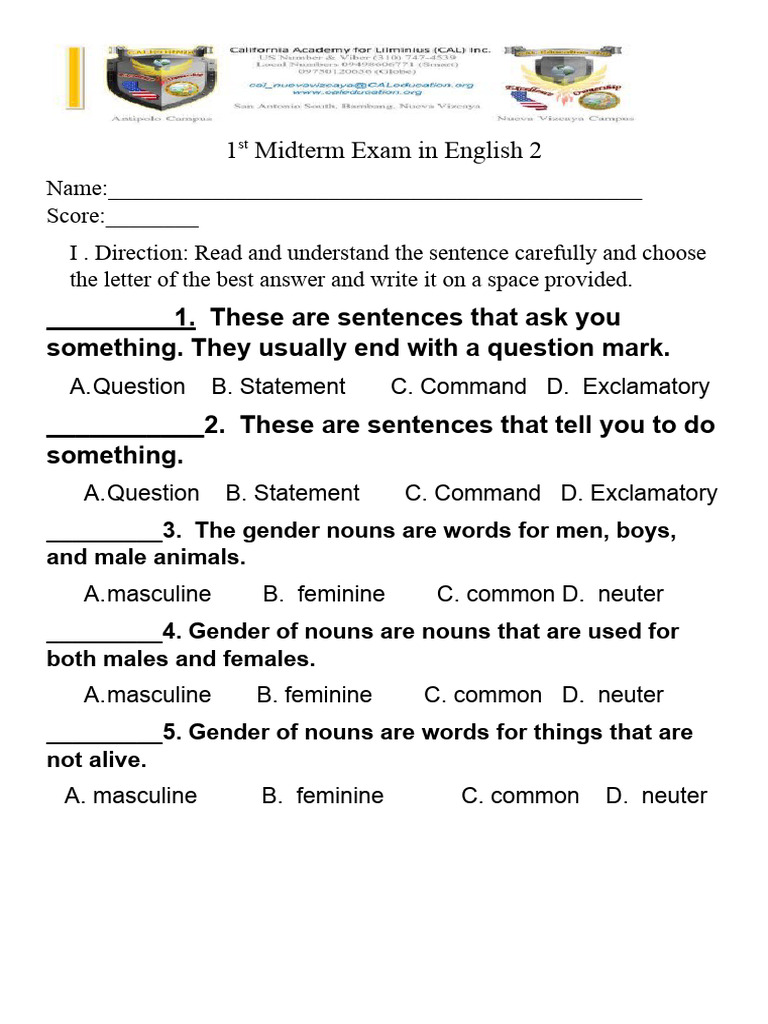 GRADE-2-1ST-MIDTERM-EXAM-NEW | PDF | Grammatical Gender | Linguistic ...