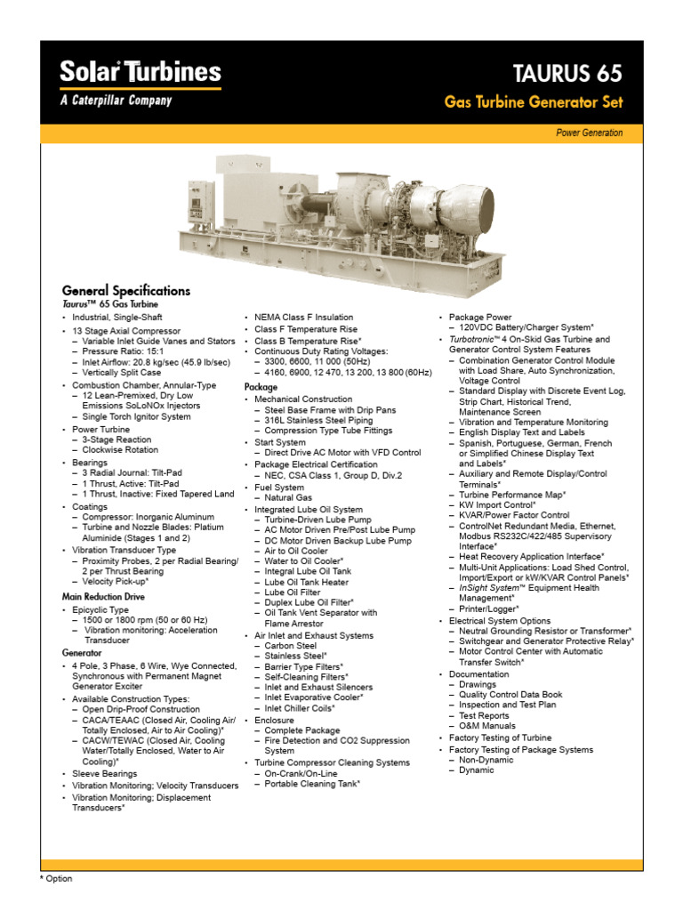 Solar Turbines Taurus 65 Data Sheet | PDF | Gas Turbine | Electric Motor