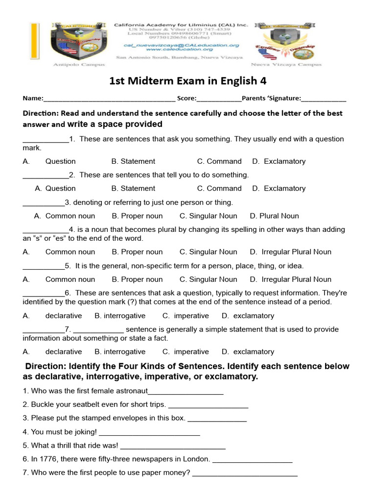 1st Midterm Exam for Grade 4 English | PDF | Sentence (Linguistics ...