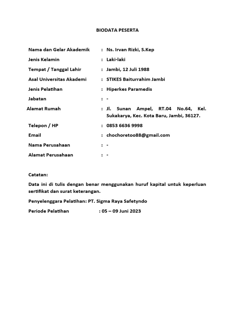 Form Biodata Kemnaker RI 2023 | PDF