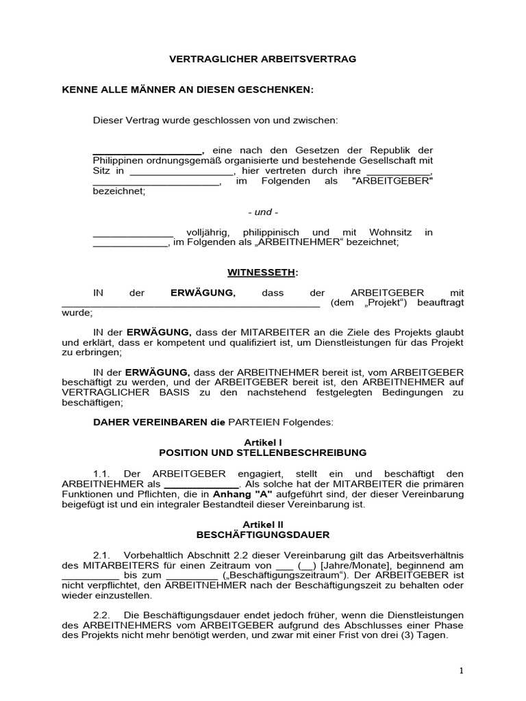VERTRAGLICHER ARBEITSVERTRAG - Muster | PDF
