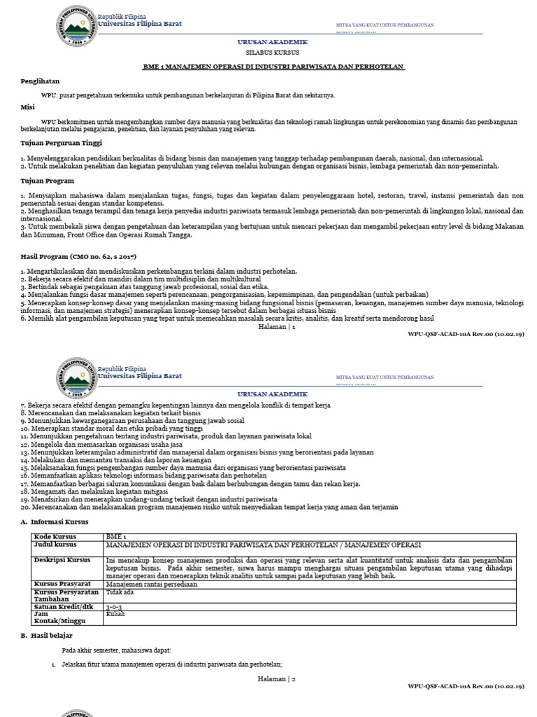 Bme 1 Silabus-Operasi-Manajemen-Bidang-Pariwisata-Dan-Perhotelan-Industri | PDF