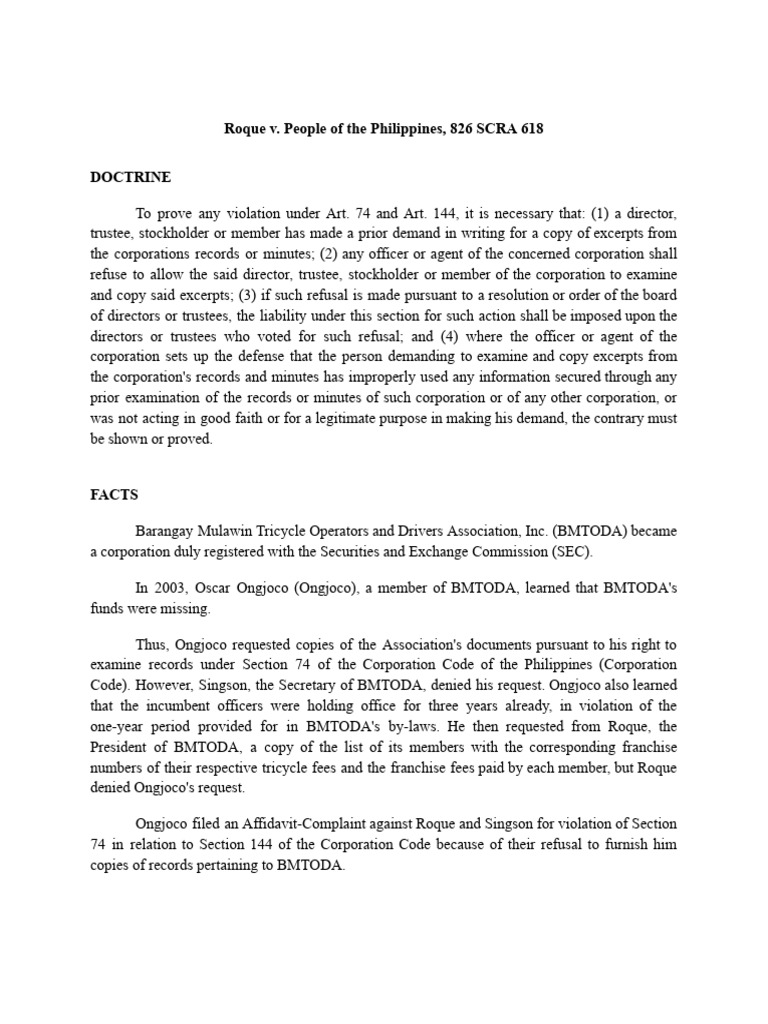 Roque's Liability in BMTODA Case | PDF