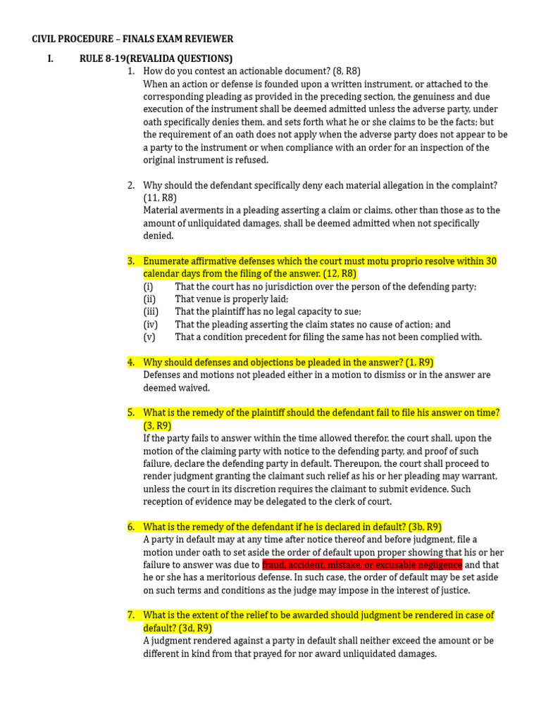 Civil Procedure Finals Reviewer | PDF | Default Judgment | Pleading