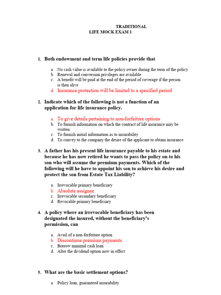 Life Insurance Exam Practice Questions | PDF | Insurance | Life Insurance
