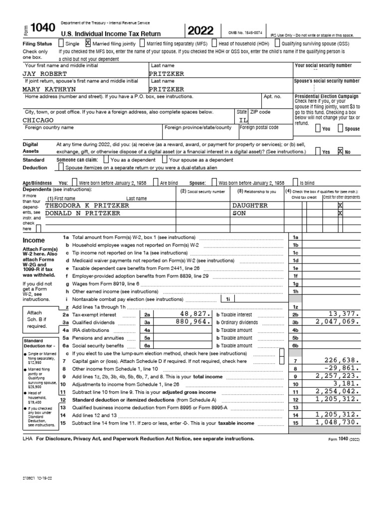 J.B. Pritzker 2022 Federal Return | PDF | Irs Tax Forms | Tax Deduction
