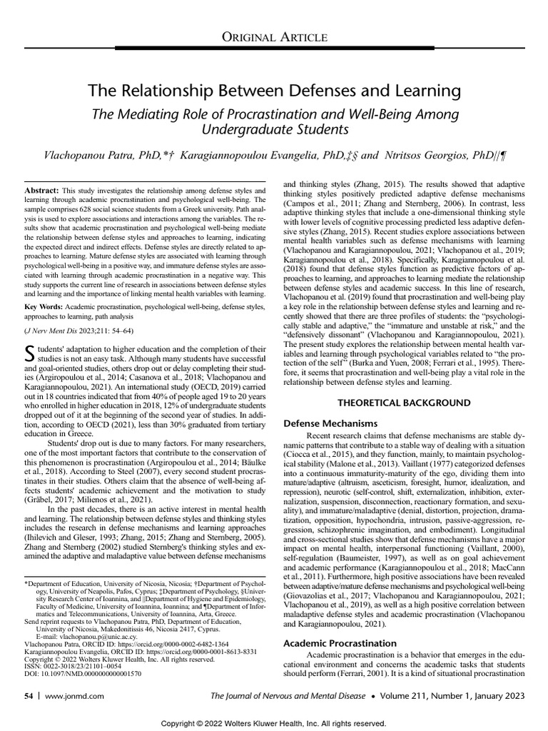 The Relationship Between Defenses and Learning - The Mediating Role of Procrastination and Well ...