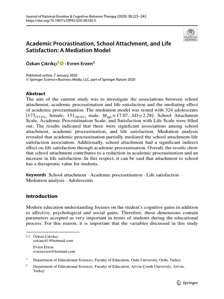 Academic Procrastination, School Attachment, and Life Satisfaction A Mediation Model | PDF
