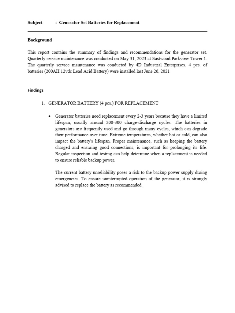 Generator Set Battery Report | PDF
