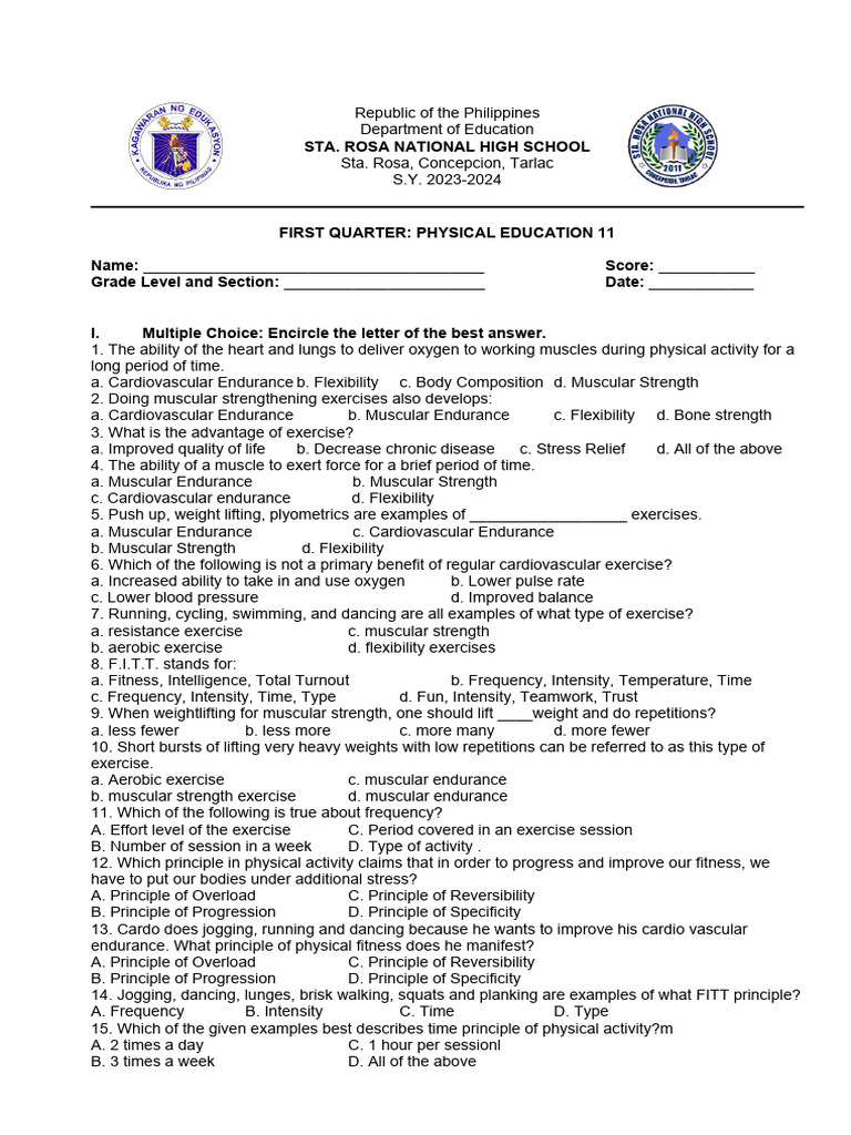 PE Exam | PDF | Physical Fitness | Strength Training