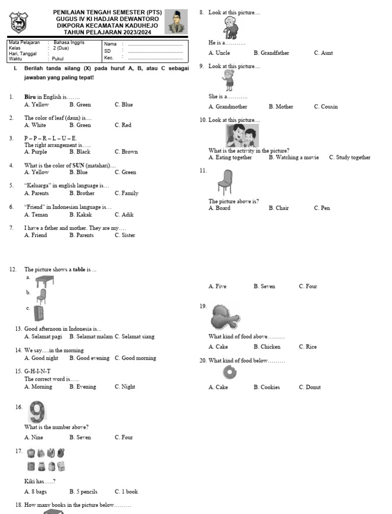 Soal PTS Bahasa Inggris Kelas 2 | PDF | Language Arts & Discipline