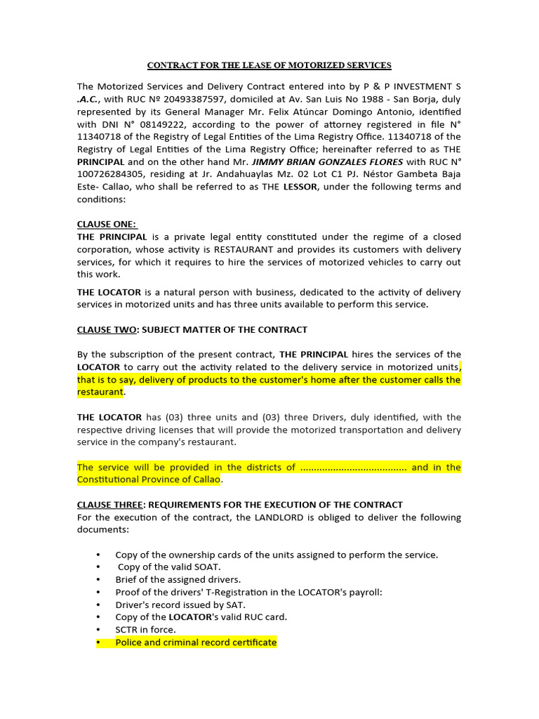 Motorized Contract (DELIVERY | PDF | Lease | Business Law
