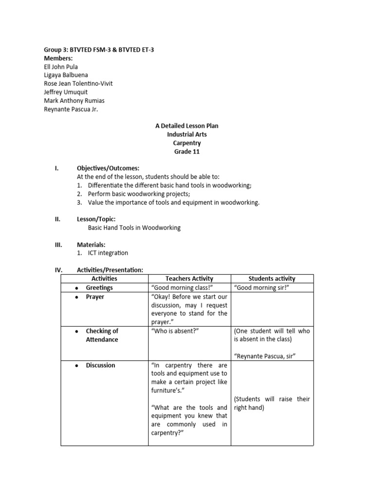A Detailed Lesson Plan | PDF | Tools | Screw