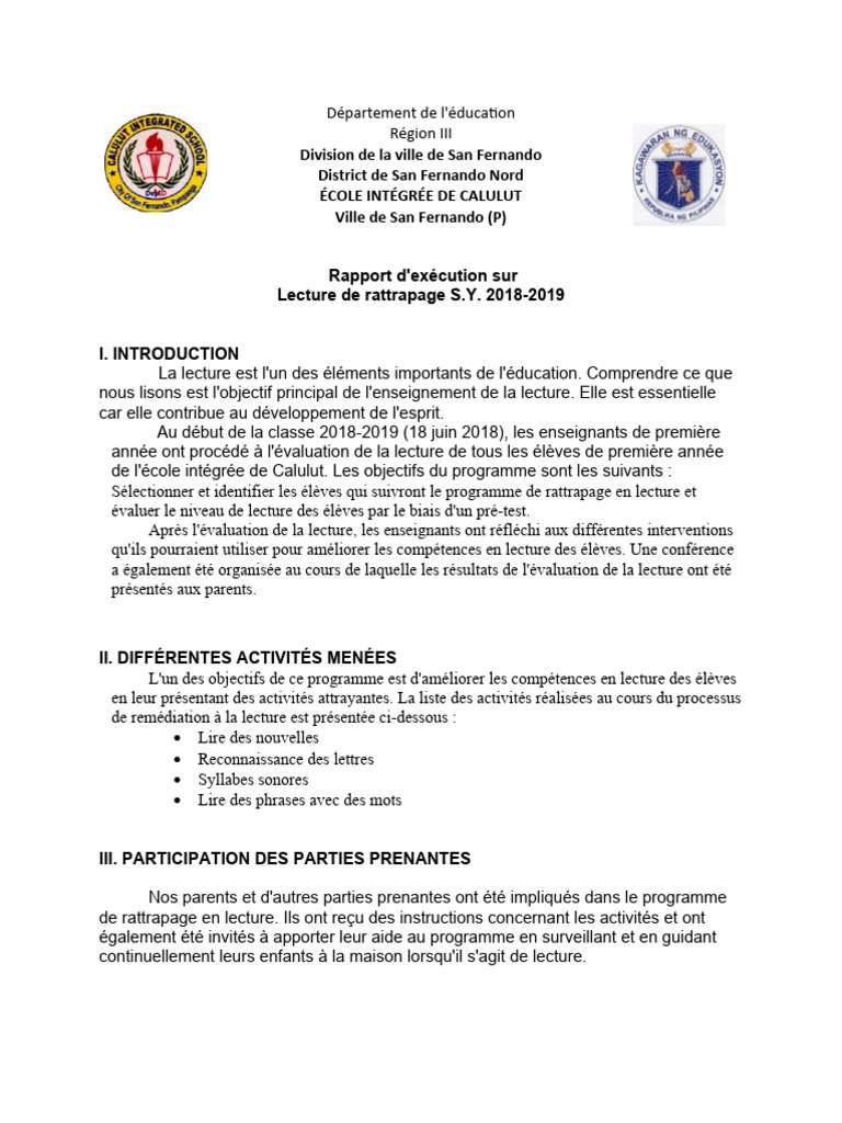 Rapport sur le rattrapage en lecture 2018-2019 | PDF