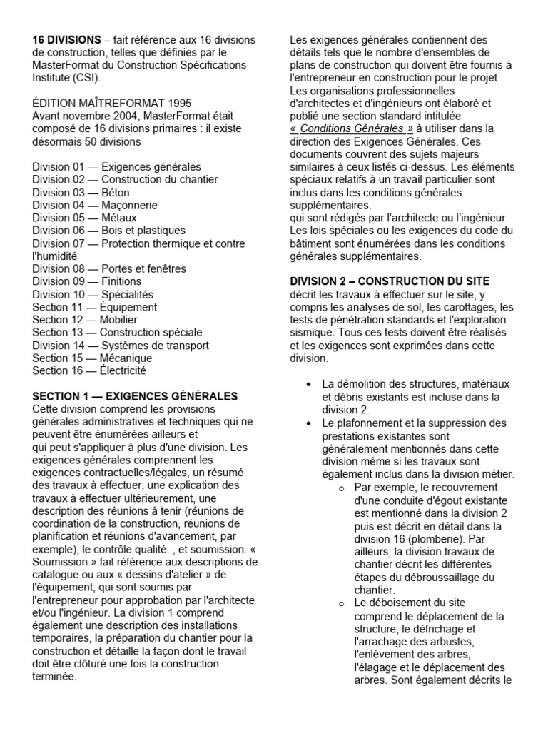 16 DIVISIONS Désigne Les 16 Divisions de Construction | PDF
