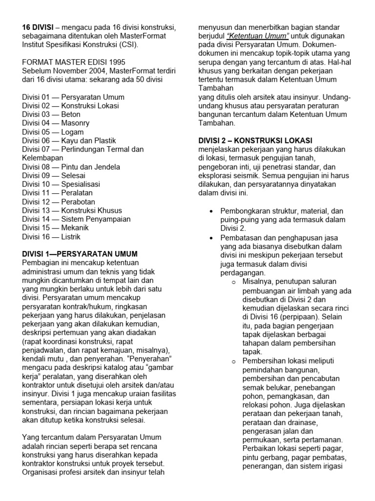 16 Divisi Konstruksi MasterFormat CSI | PDF | Sains & Matematika ...