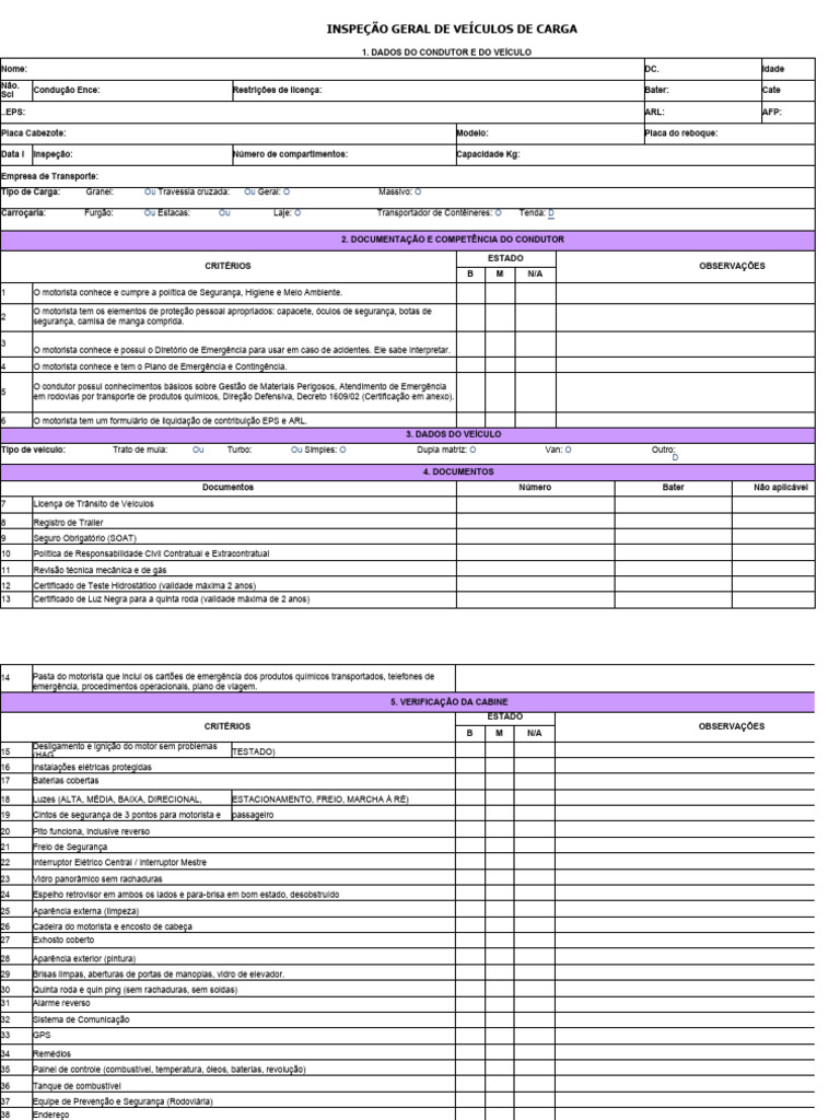 Check List Transporte de Carga | PDF | Dirigir | Pneu