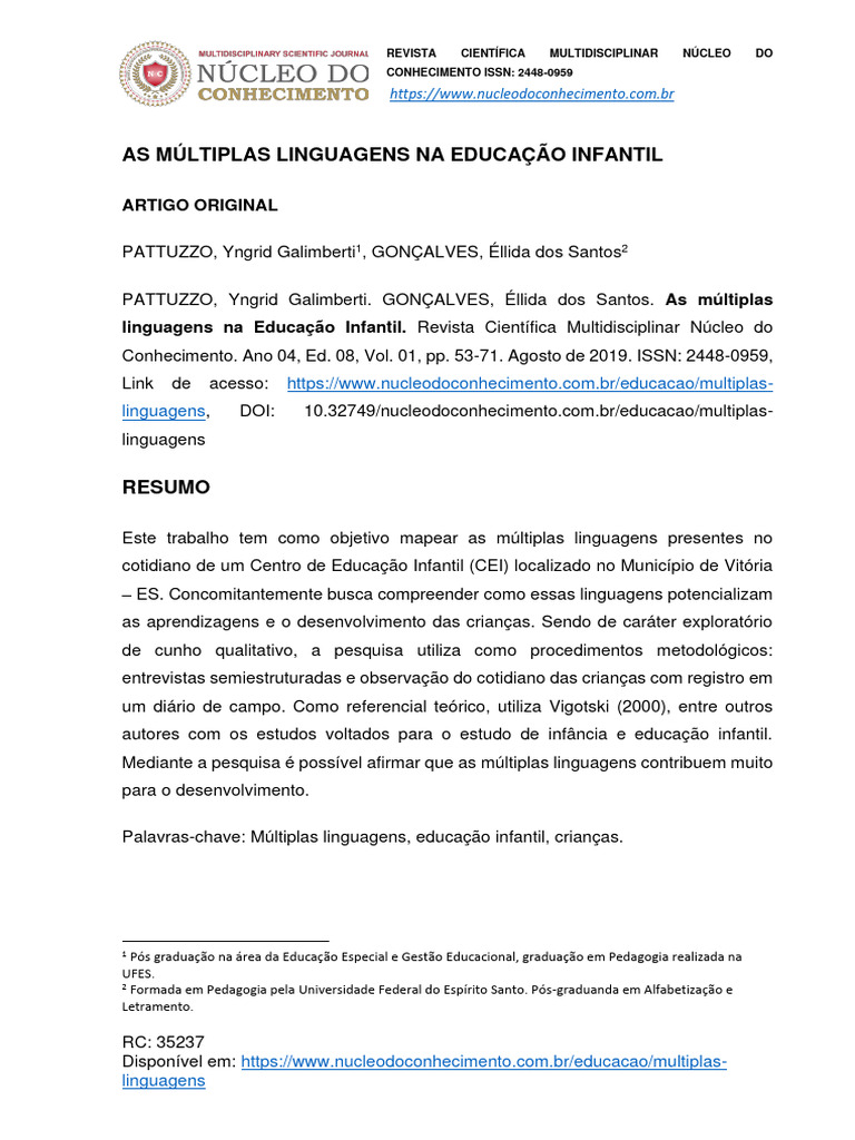 Múltiplas Linguagens na Educação Infantil | PDF | Pensamento | Pedagogia