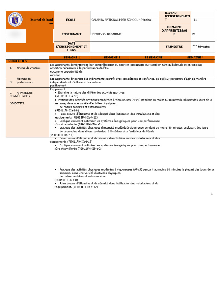Journal de bord MAPEH 11 - Éducation physique | PDF | Des sports
