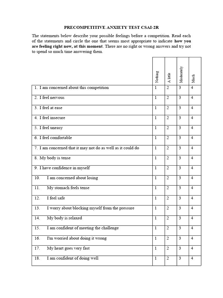 Csai 2 Precompetitive Anxiety Test | PDF | Anxiety | Self Esteem
