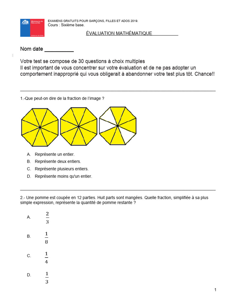 Évaluation Mathématique 6ème 2019 | PDF