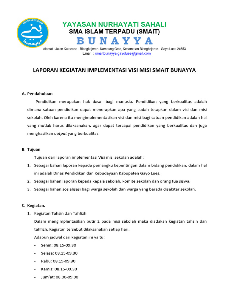 Butir 23, Poin 3, Dua Laporan Kegiatan Implementasi Visi Misi Smait Bunayya | PDF | Karier ...