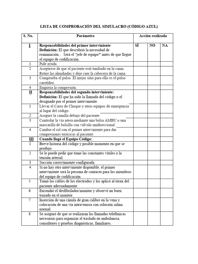 Lista de Verificación de Simulacro de Simulacro (Código Azul) (16737) | PDF | Reanimación ...