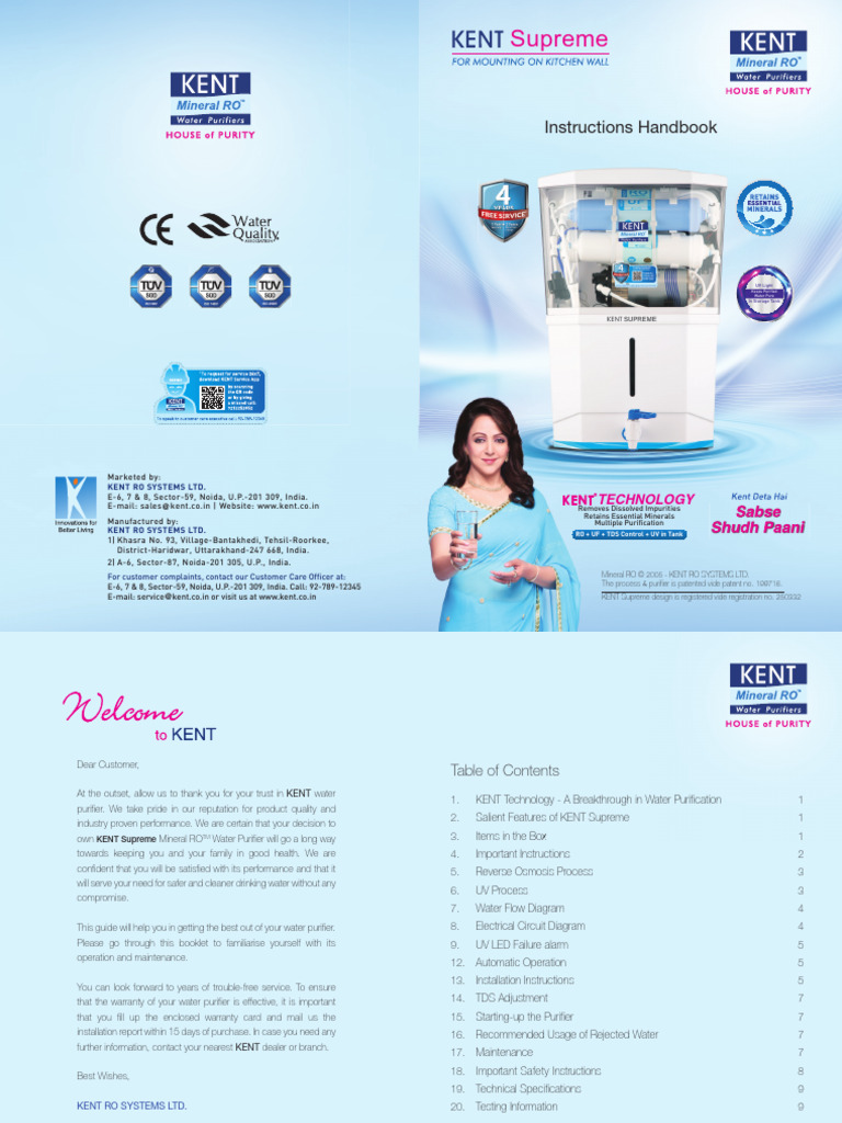 Kent Supreme Manual | PDF | Water Purification | Membrane