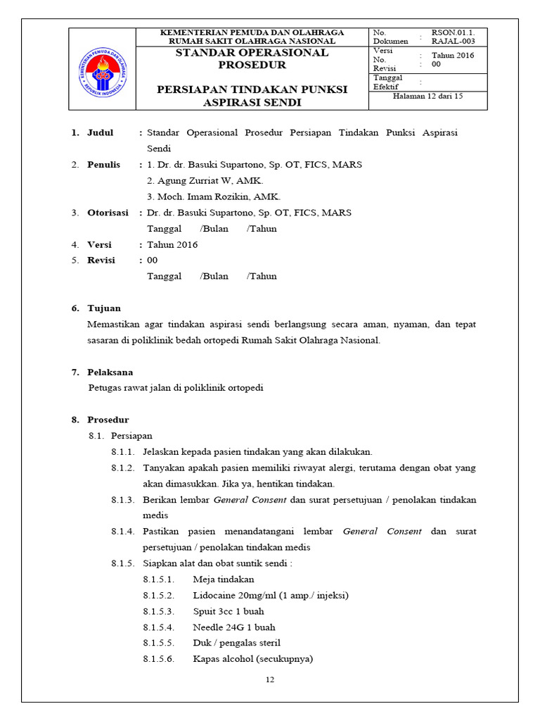 SOP Persiapan Punksi Aspirasi Sendi | PDF