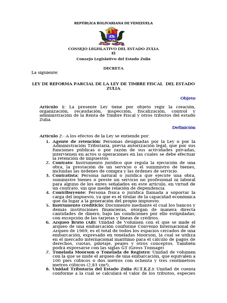 Reforma Ley Timbre Fiscal Zulia | PDF | Impuestos | Estado (política)