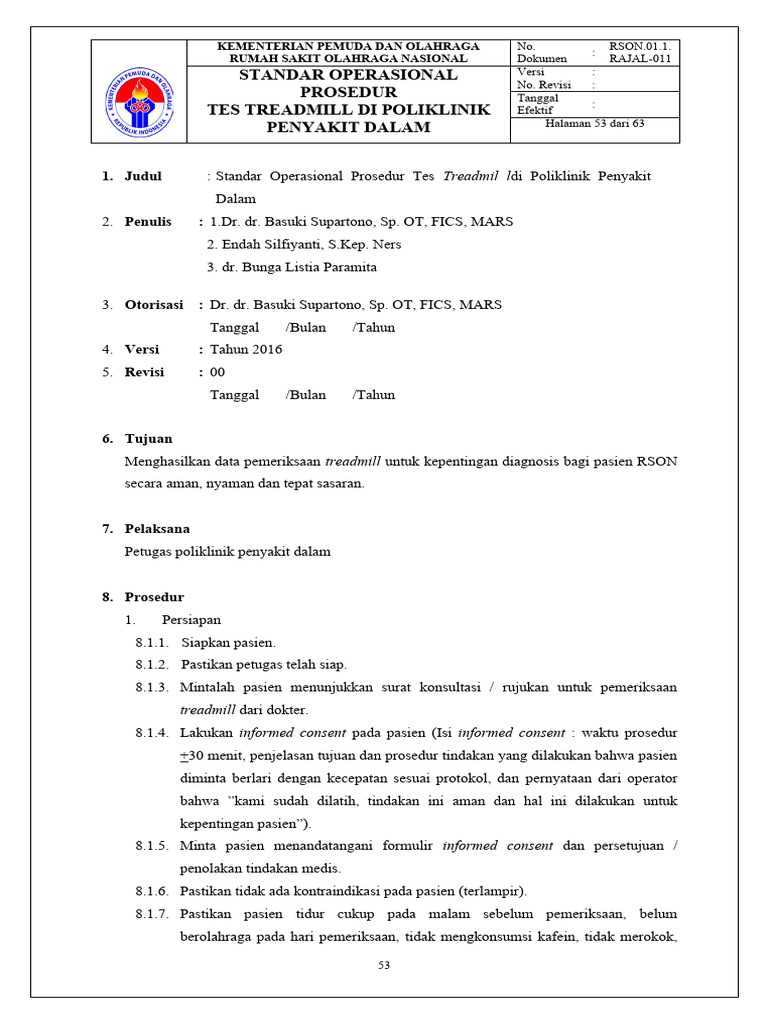 SOP Treadmill RSIA AL FAUZAN 2022 | PDF