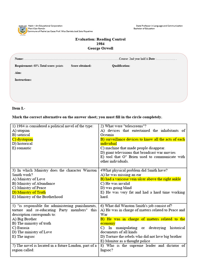 Test 1984 | PDF | Satirical Books | George Orwell