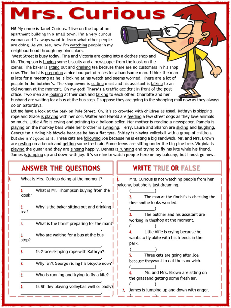 Present Continuous Tense Mrs Curious Esl Reading Comprehension Exercises Worksheet | PDF