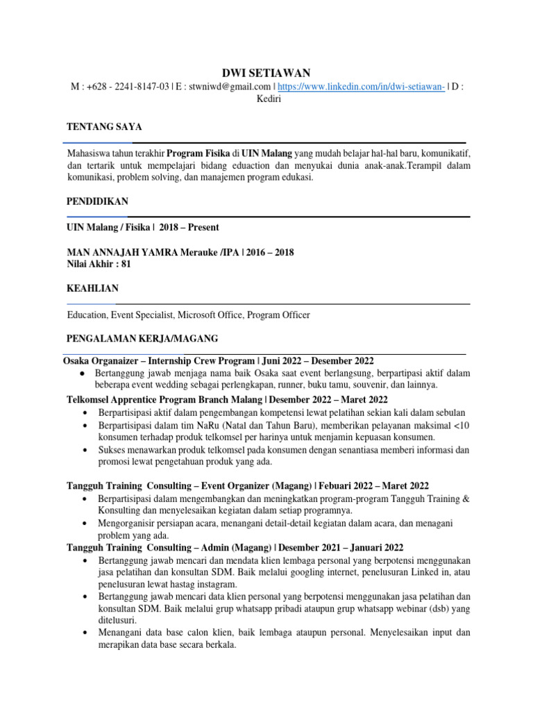 Dwi Setiawan - CV | PDF