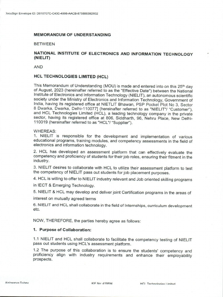 MoU With HCL Technology | PDF