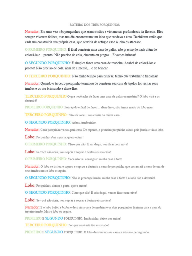 Roteiro Os 3 Porquinhos | PDF