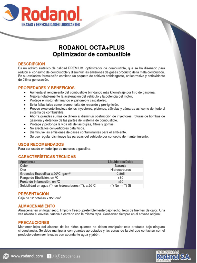 Hoja Tecnica Octaplus | PDF | Gasolina | Inyección de combustible