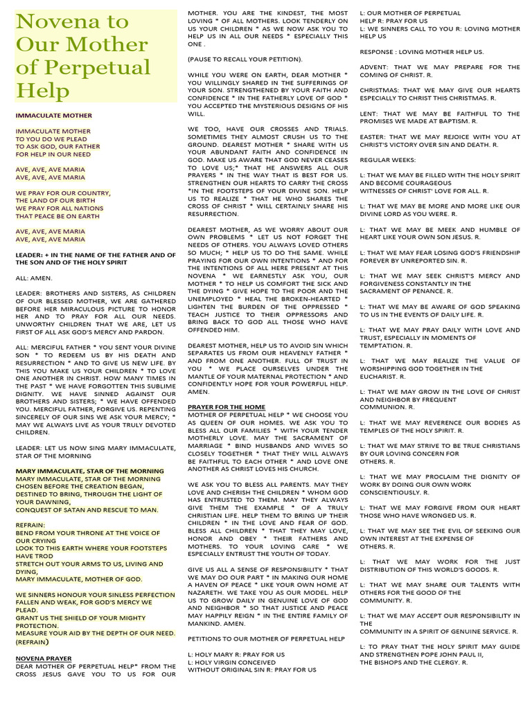 Novena To Our Mother of Perpetual Help | PDF | Eucharist | Prayer