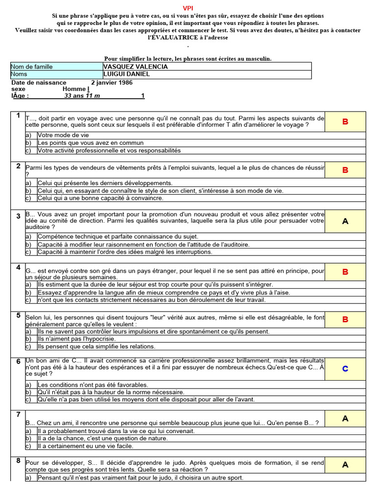 Test VPI : Évaluation et Réponses | PDF | Publicité | Risque